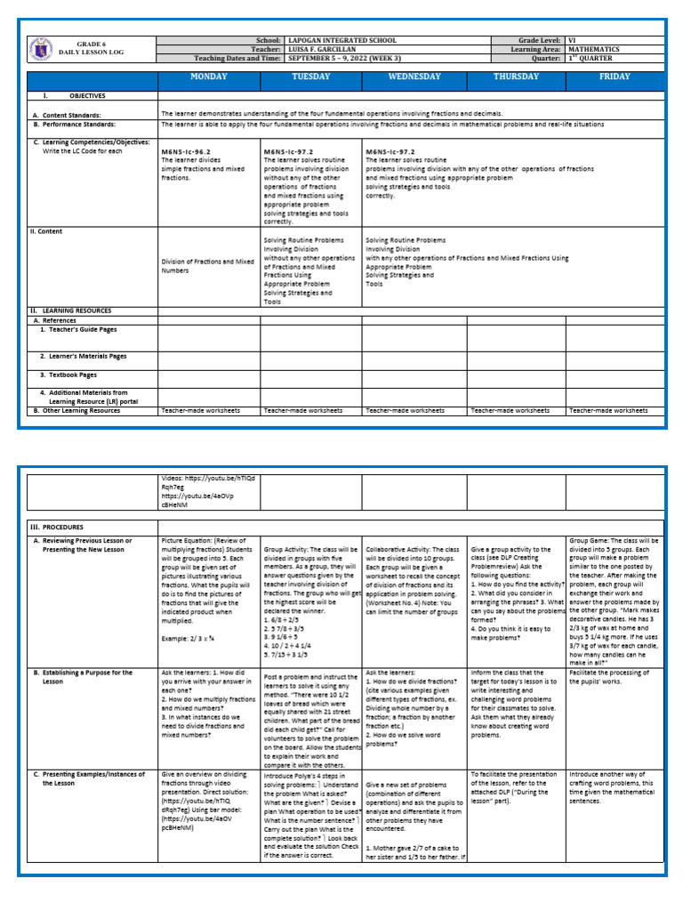 QUARTER 1 WEEK 3 - WLP Math 6 | PDF | Learning | Mathematics