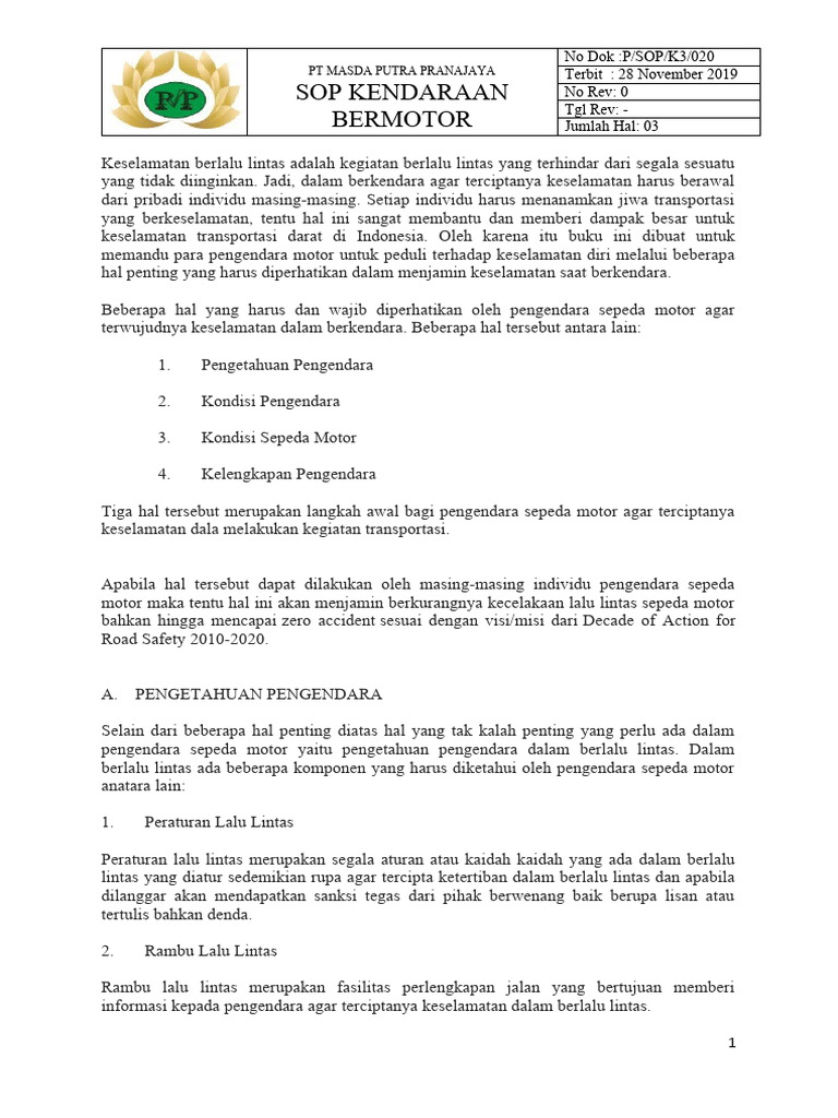 SOP Keselamatan Berkendara Motor | PDF | Bisnis | Teknologi & Rekayasa