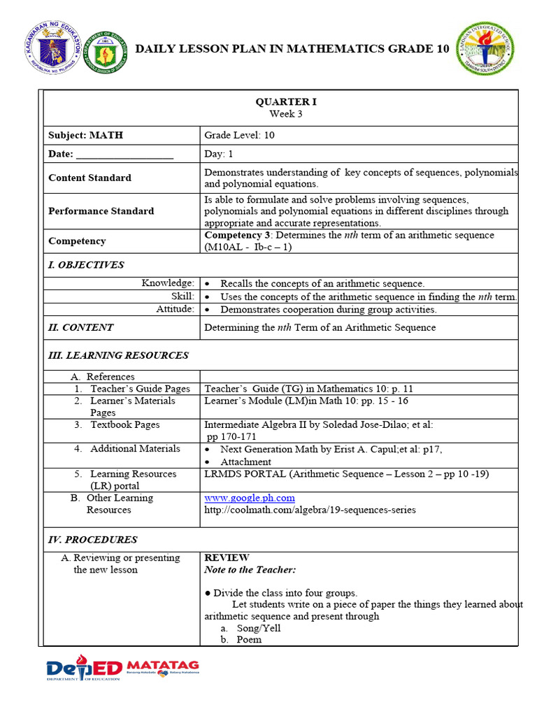 Grade 10 Math: Arithmetic Sequences | PDF | Mathematics | Learning
