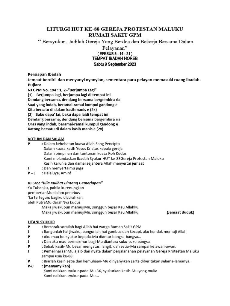 Liturgi Hut Ke 88 GPM | PDF