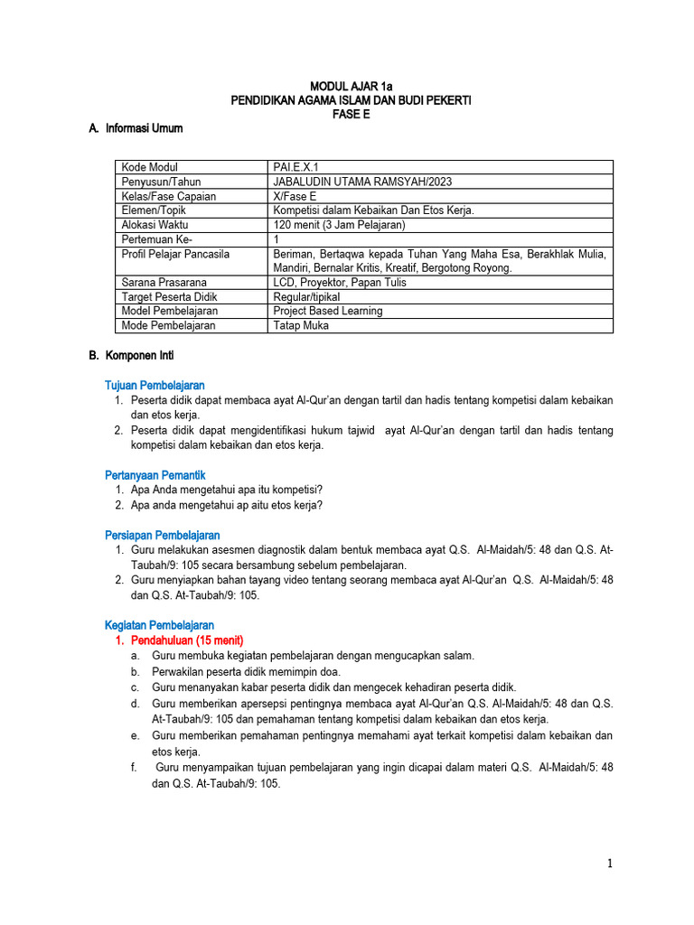 Modul Ajar Pai Sma Kelas X Bab 1 | PDF