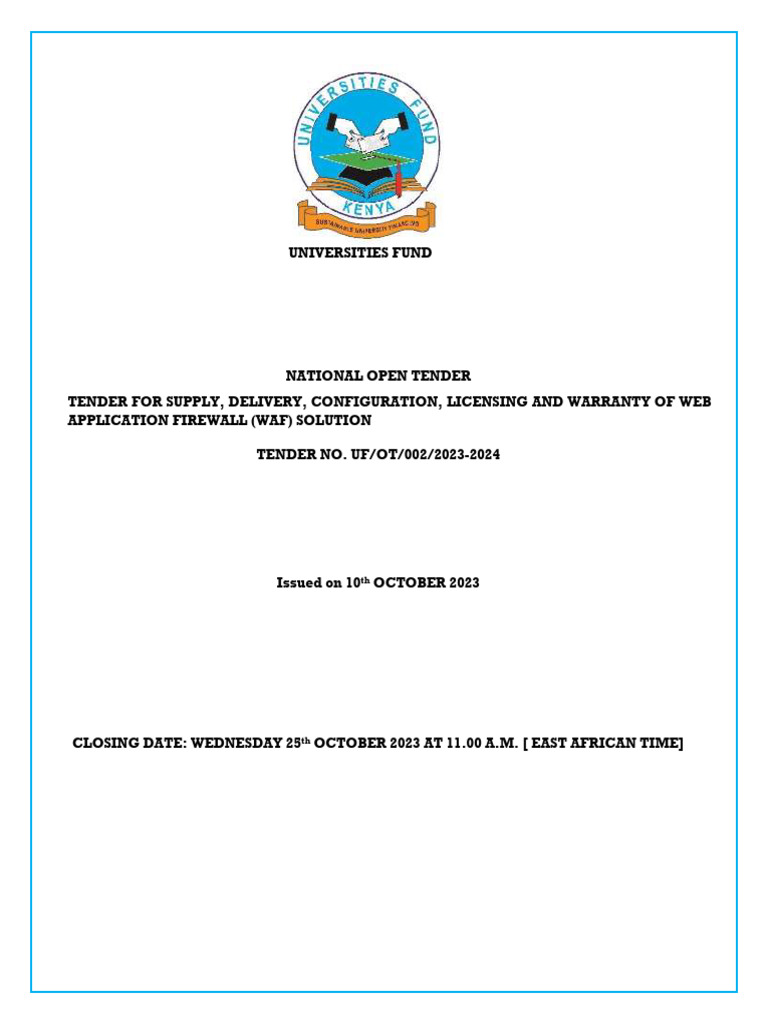 Tender For Supply Delivery Configuration Licensing and Warranty of Web Application Firewall Waf ...