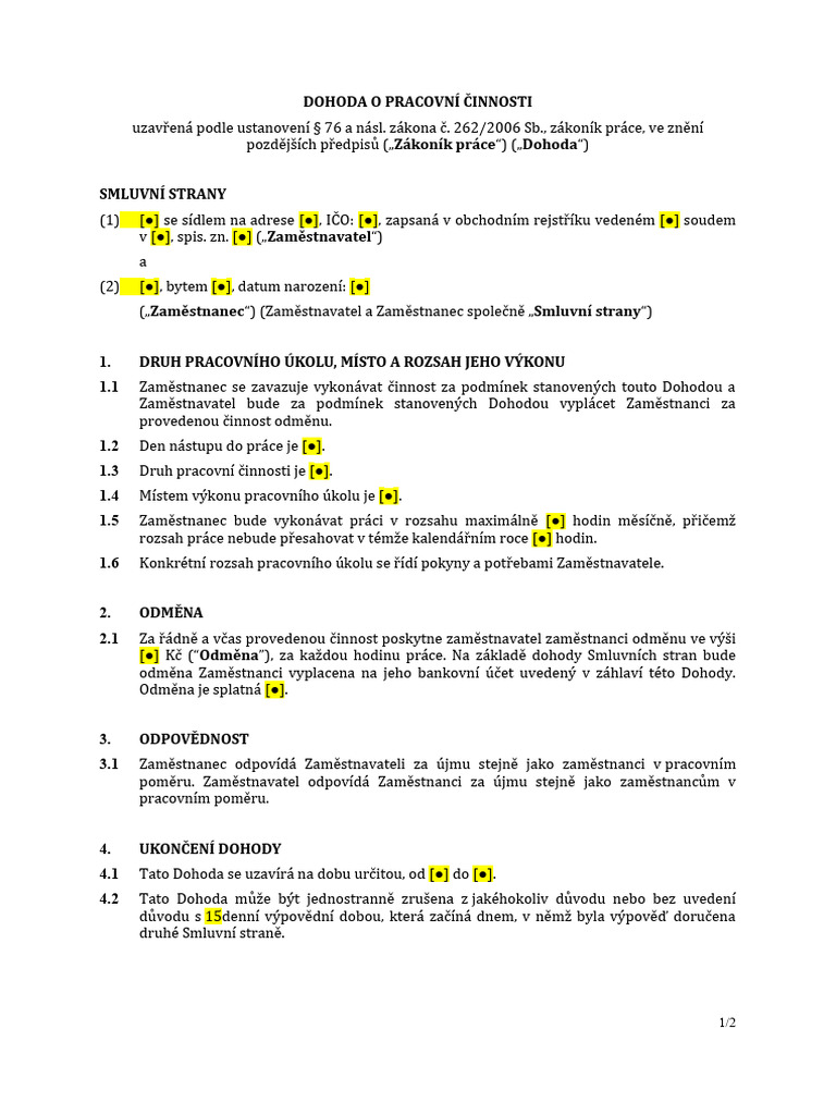 Dohoda O Pracovní Činnosti | PDF