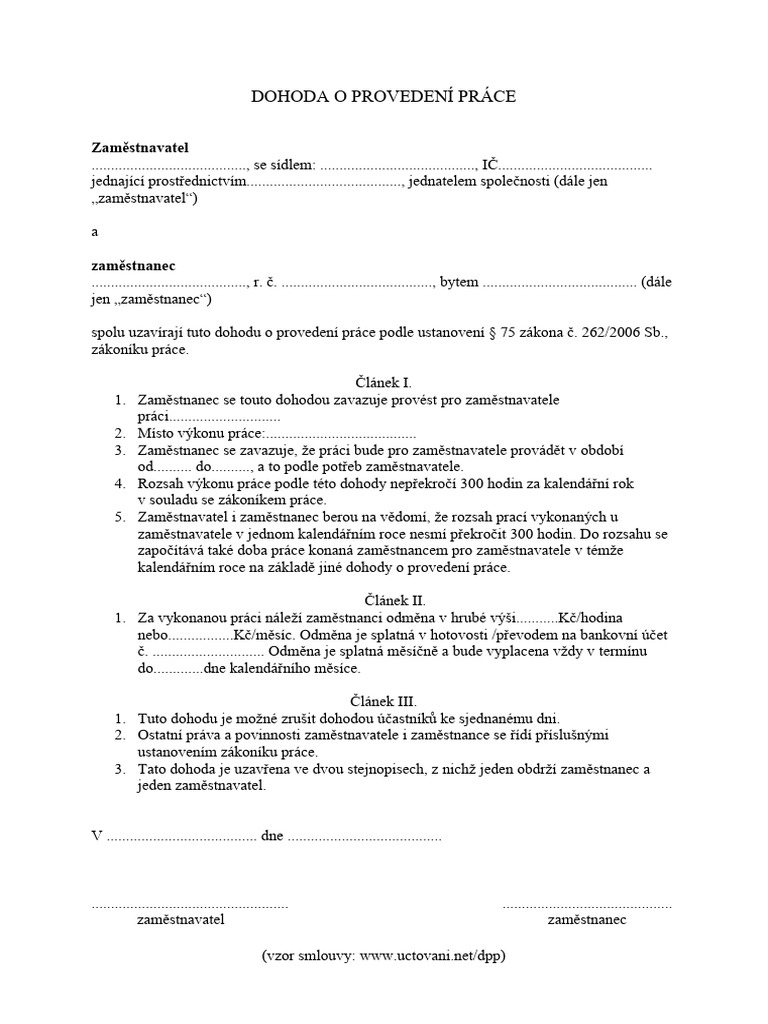 Dohoda o Provedeni Prace Vzor | PDF