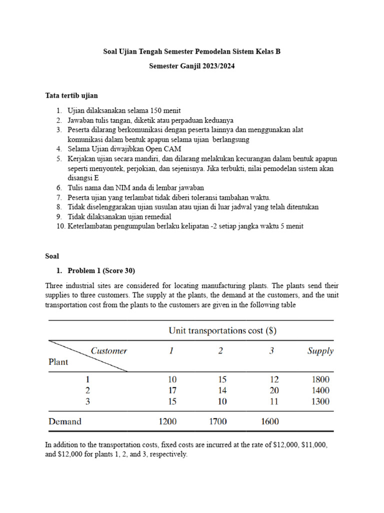 Soal UTS Pemodelan Sistem Kelas B | PDF | Applied Mathematics | Mathematics
