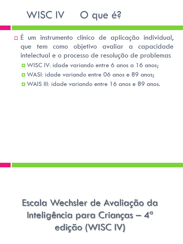 WISC - IV Escala Wechsler de Inteligência para Crianças | PDF | Tempo ...