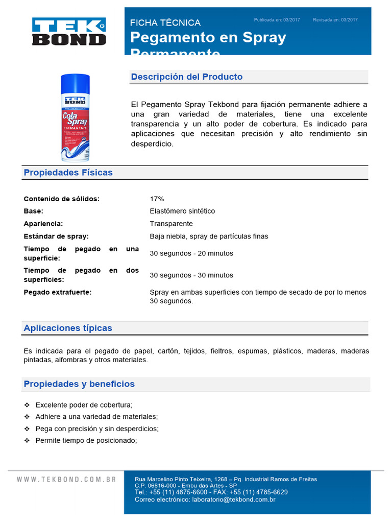 Ficha Tecnica Cola Spray Permanente Rev 03 17 | PDF | Adhesivo | Pinturas