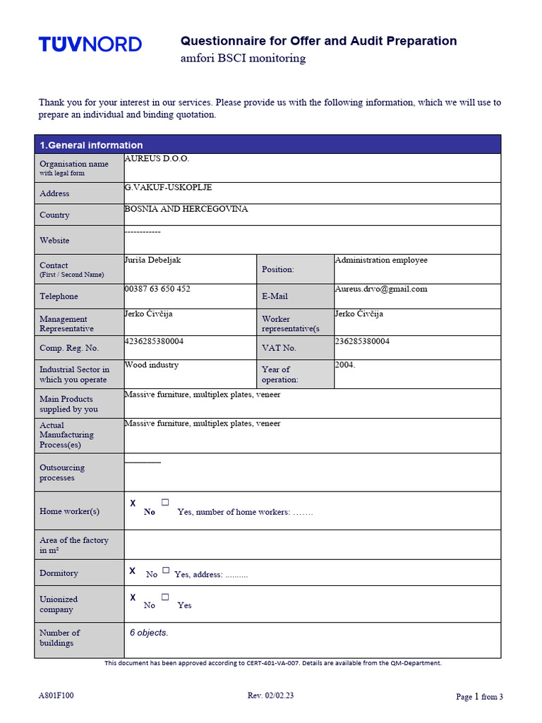 TUV NORD Questionnaire | PDF