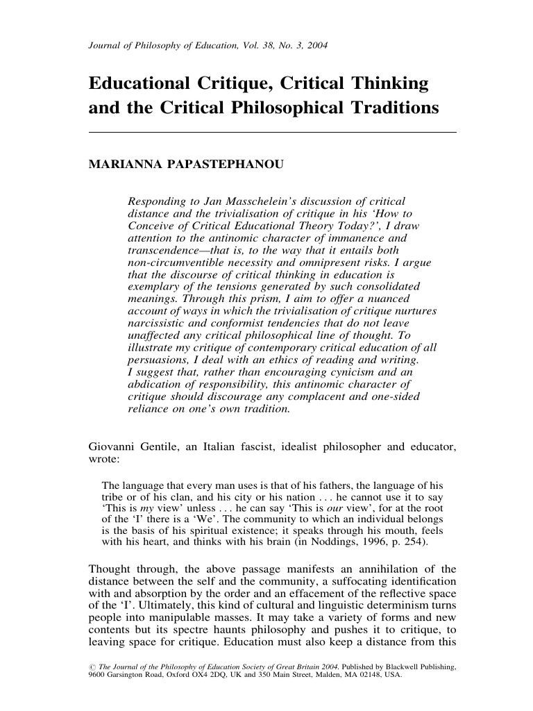 Educational Critique, Critical Thinking and Critial Philosophical ...