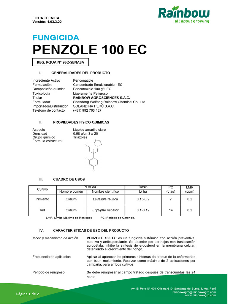 FT Penzole 100 Ec (Penconazole 100 GL Ec) | PDF | Agua | Química