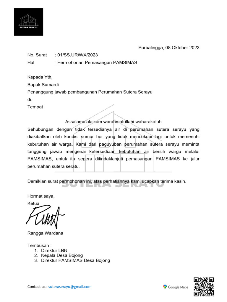 Permohonan Pemasangan PAMSIMAS 08102023 | PDF | Griya & Taman