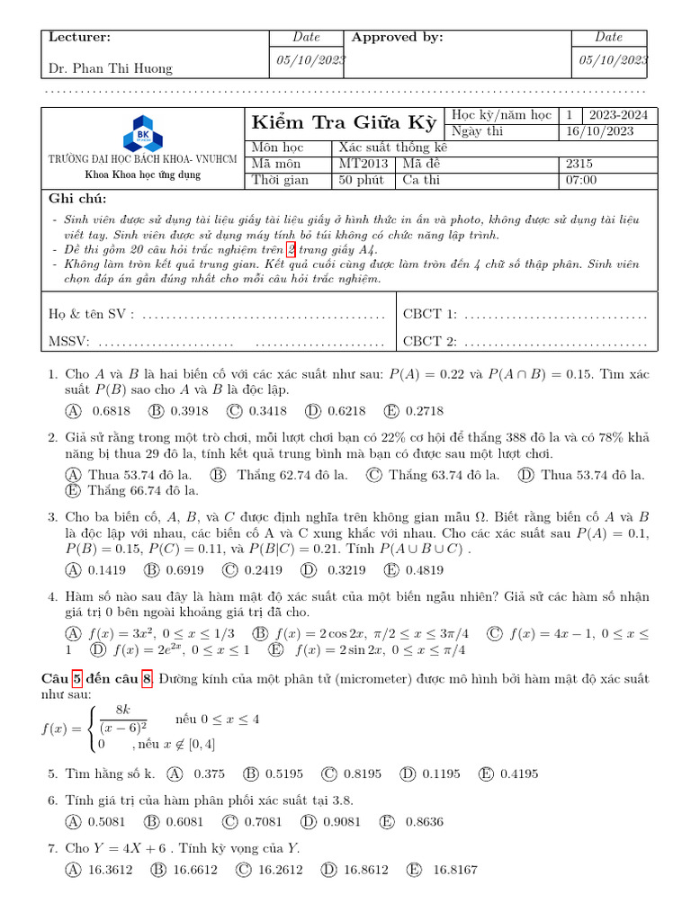 Midterm Exam: Probability & Statistics | PDF | Teaching Methods & Materials