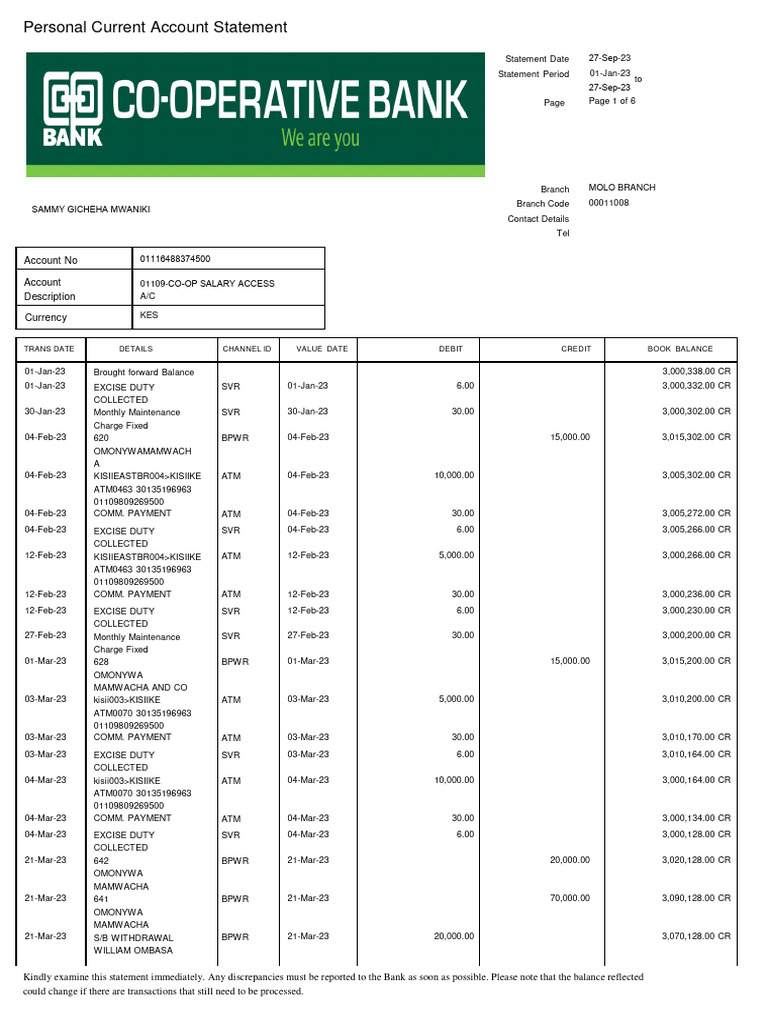 Sammy Gicheha - Bank Statement | PDF | Transaction Account | Debit Card