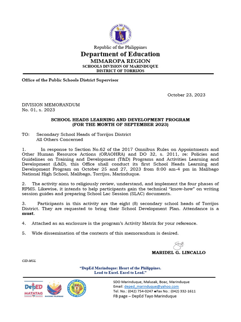 Numbered Memo SH LD Program | PDF