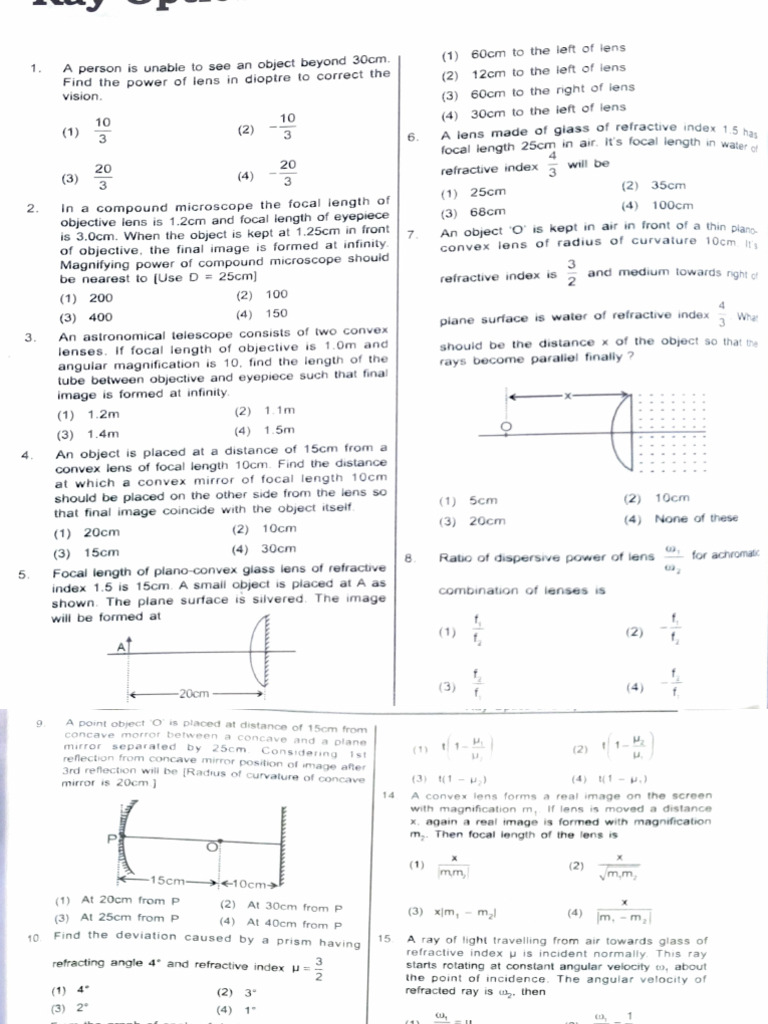 Ray Optics Practice Sheet | PDF | Mirror | Physical Sciences
