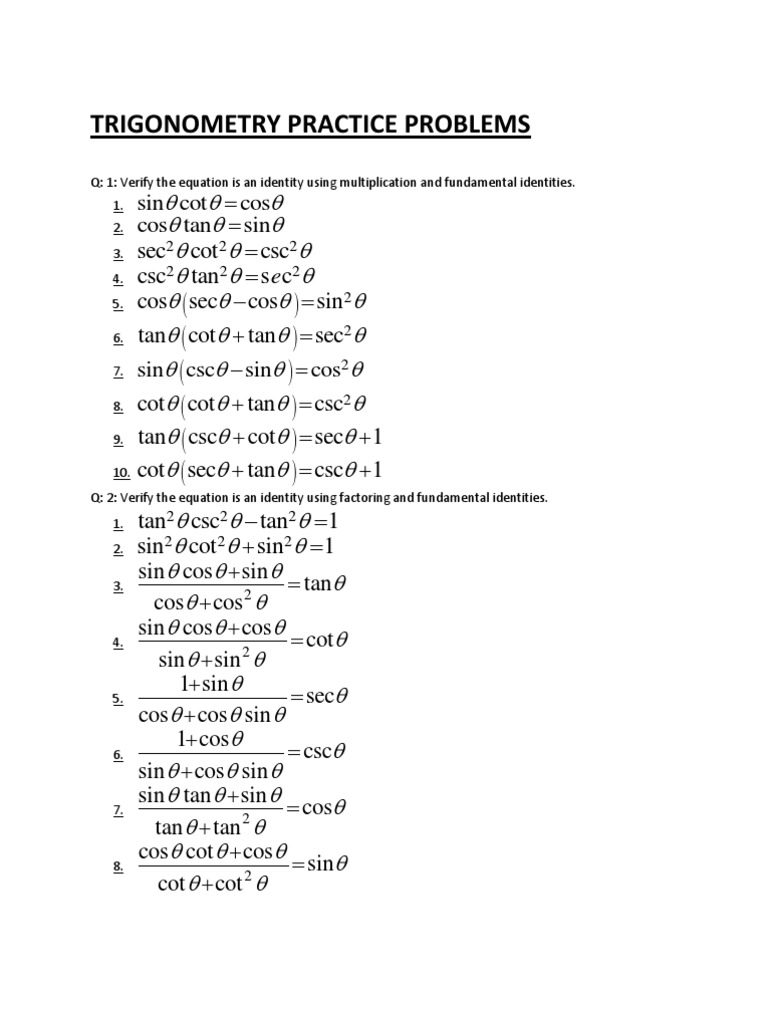 Trigonometry Practice Problems Pdf Trigonometric Functions Sine