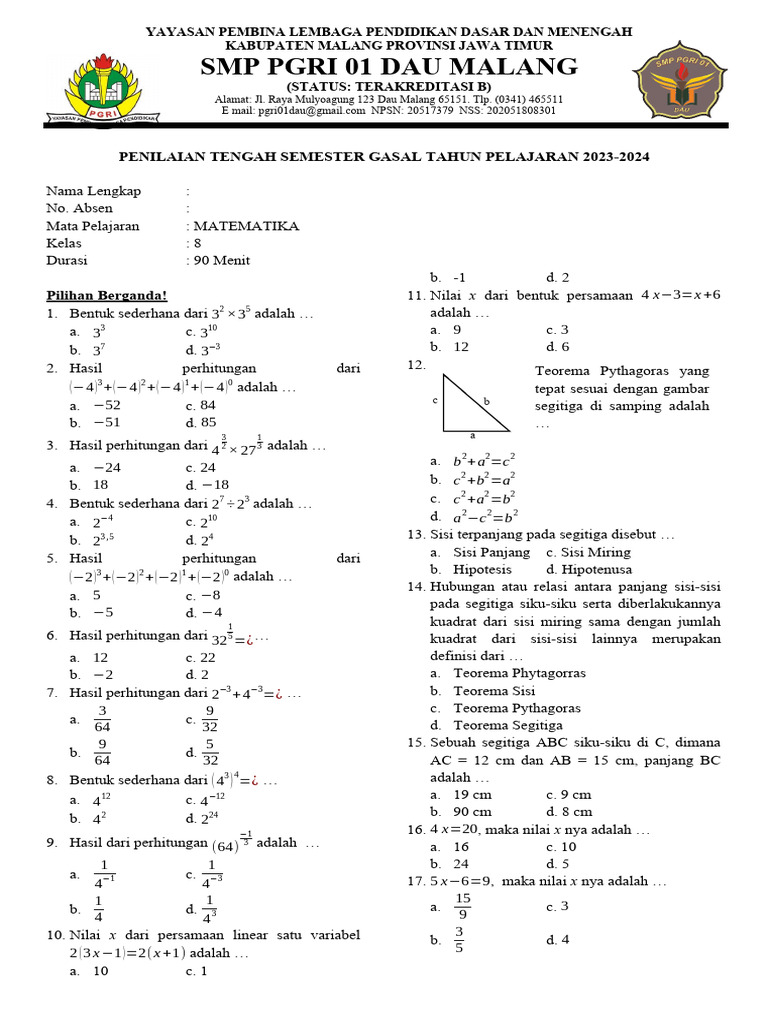 PTS Gasal Mat 8 2023-2024 | PDF