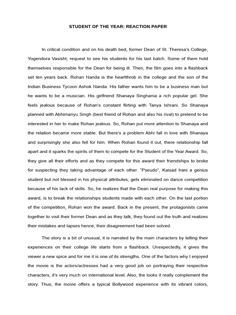 Student of The Year: Reaction Paper | PDF