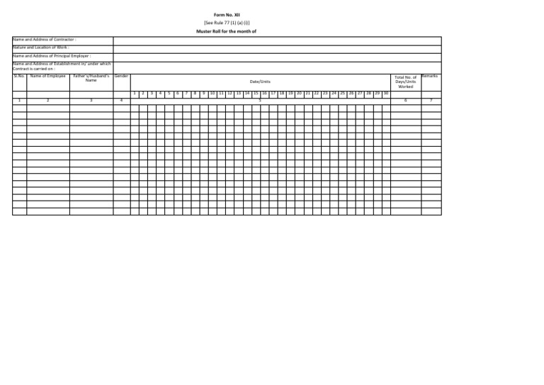 Muster Roll Format for Labour Attendance | PDF