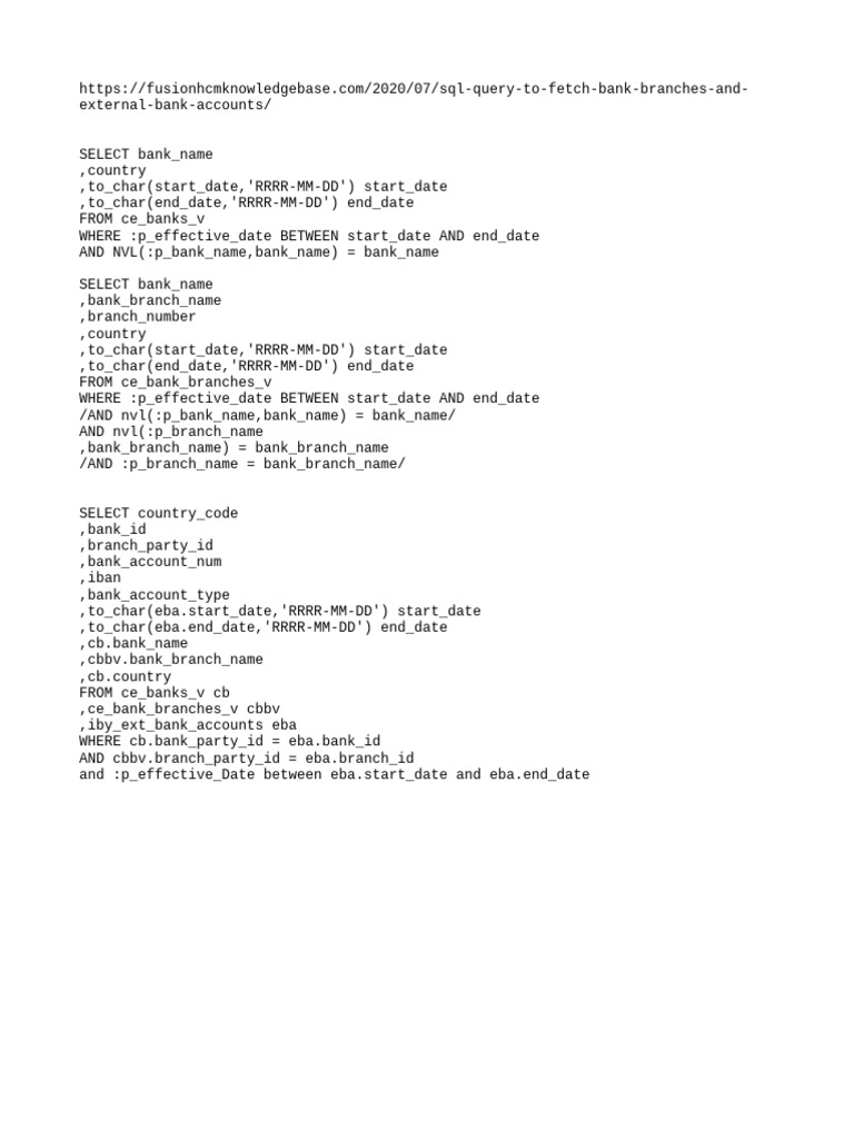 Bank Queries Oracle Fusion | PDF
