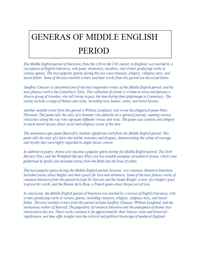 The Middle English Period of Literature | PDF | Chivalric Romance | Poetry