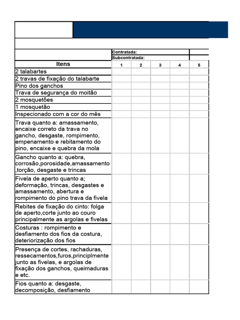 Check List para Vistoria Cinto de SEguranças em Excel | PDF