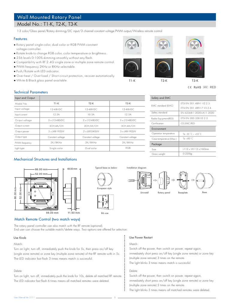 Model No.: T1-K, T2-K, T3-K: Wall Mounted Rotar y Panel | PDF | Power Supply | Light Emitting Diode