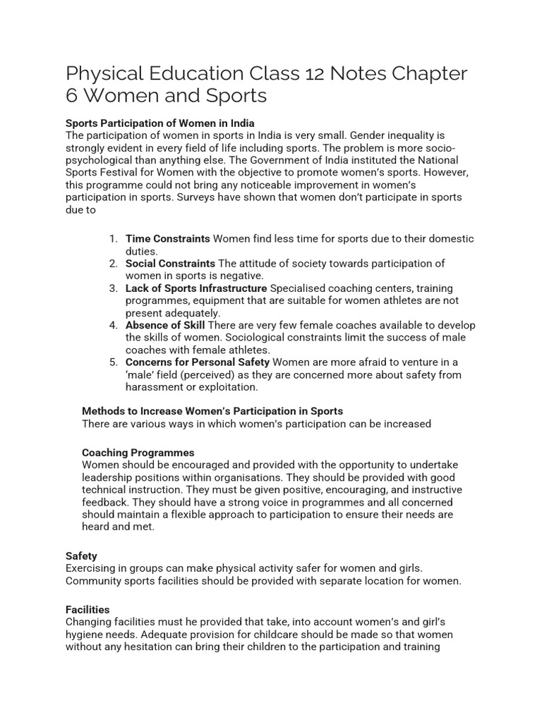 Physical Education Class 12 Notes Chapter 6 Women and Sports | PDF ...