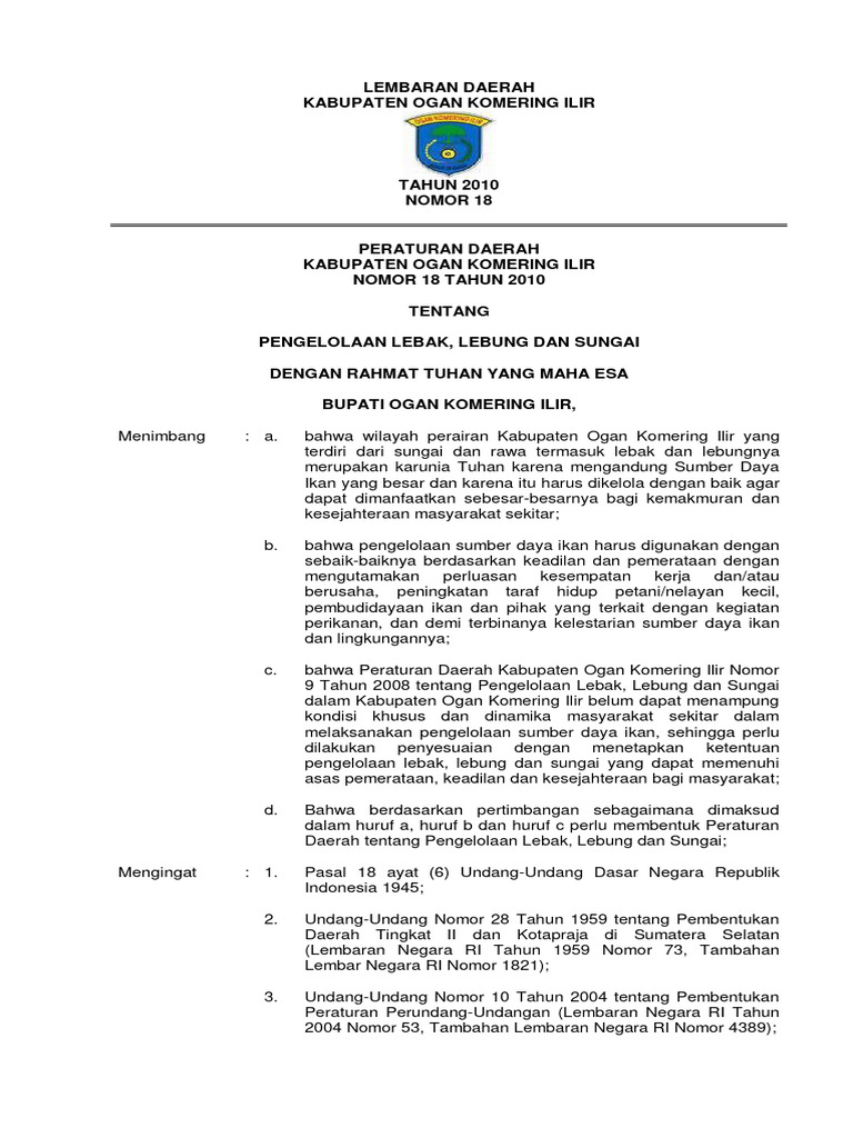 Perda No.18 Tahun 2010 TTG Pengelolaan Lebak Lebung Dan Sungai | PDF | Griya & Taman | Sains ...