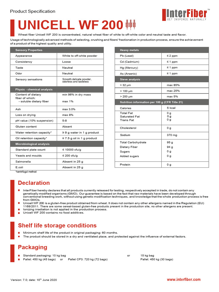 WF200 - Specification | PDF | Dietary Fiber | Diet & Nutrition