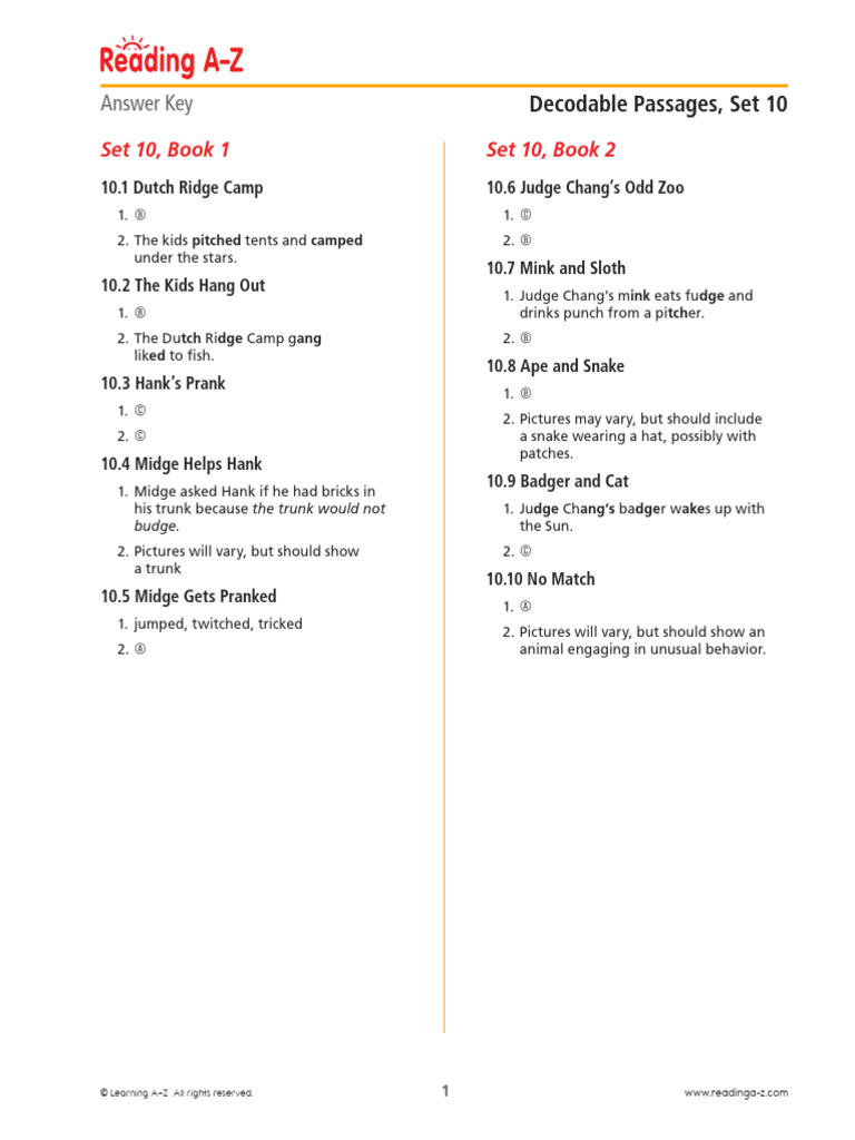 Decodable Passages Set 10 Answer Key | PDF
