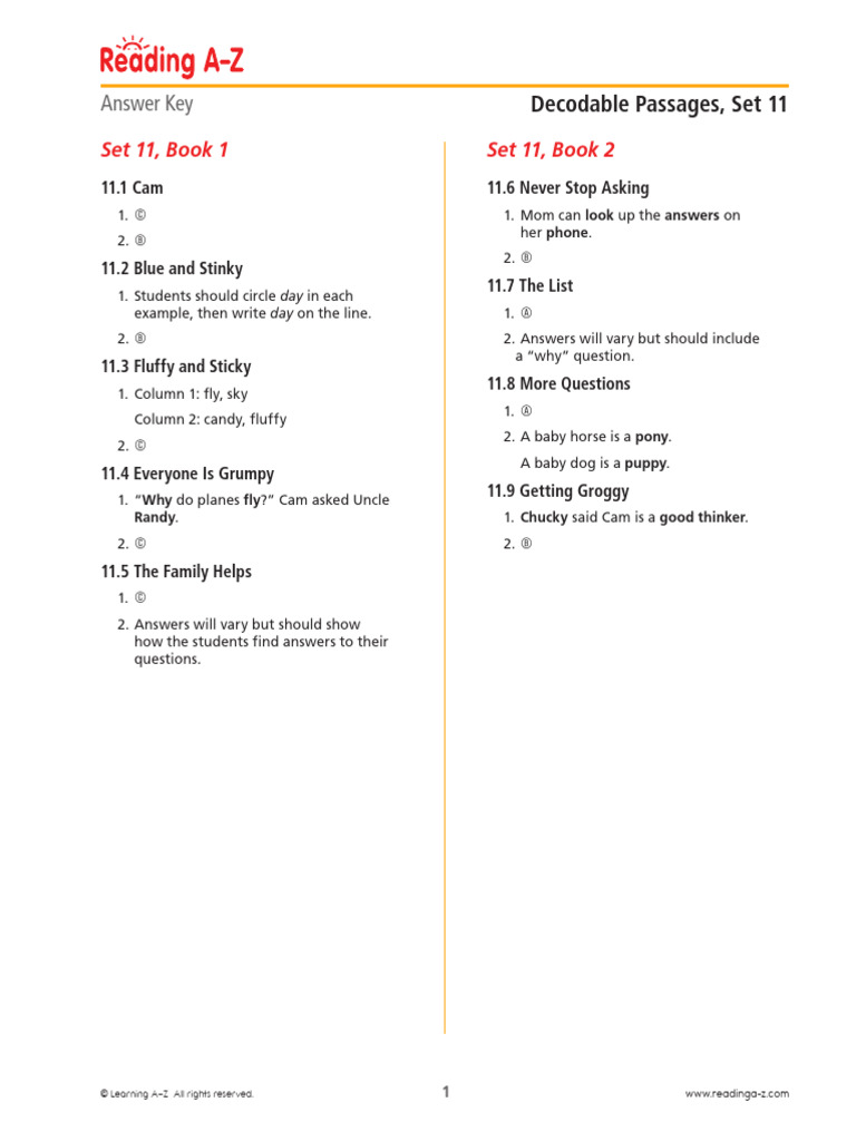 Decodable Passages Set 11 Answer Key | PDF