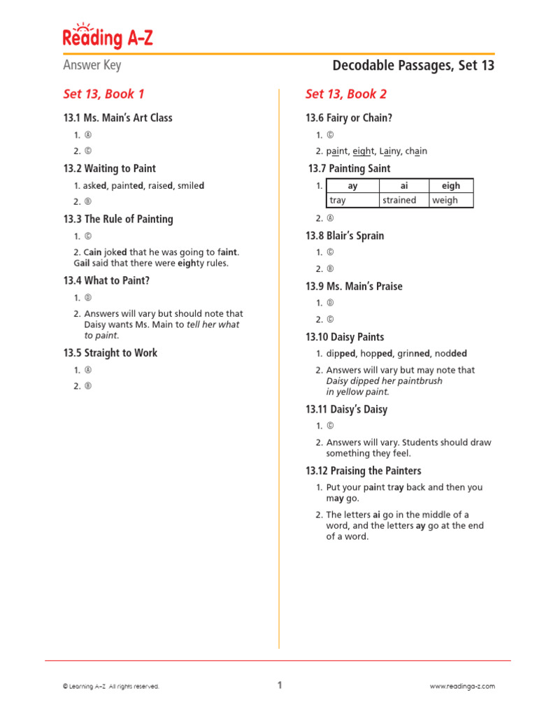 Decodable Passages Set 13 Answer Key | PDF