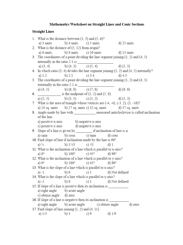 Worksheet On Straight Lines and Conic Sections - 22092023 - 134608 | PDF