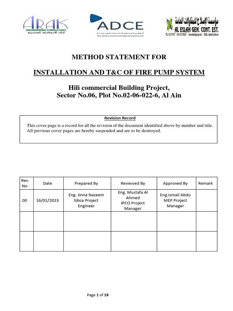 Method of Statement Fire Pump System | PDF | Pump | Valve