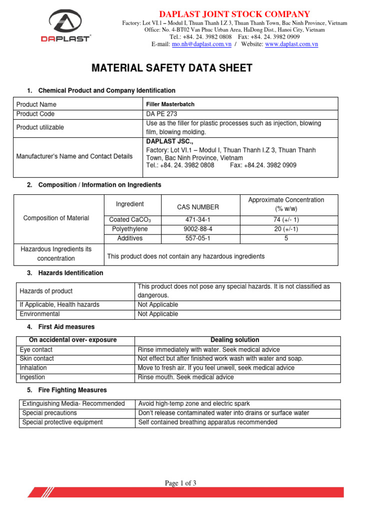Msds-Da Pe 273 (Cas) | PDF | Toxicity | Water