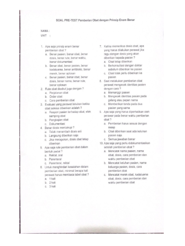 SOAL PRE-TEST Pemberian Obat Dengan Prinsip Enam Benar | PDF