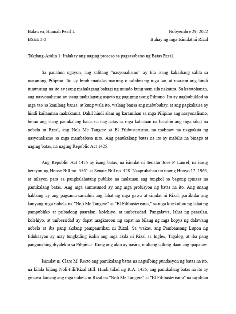 Takdang-Aralin 1: Italakay Ang Naging Proseso Sa Pagsasabatas NG Batas Rizal. | PDF