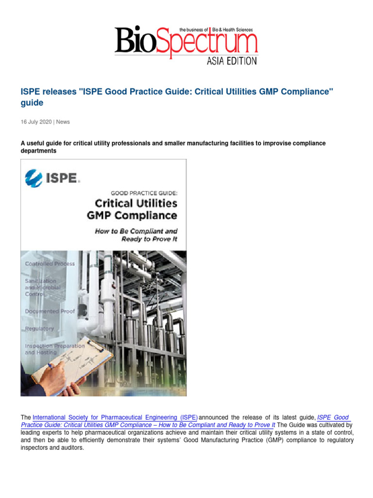 Ispe Releases Ispe Good Practice Guide Critical Utilities GMP ...