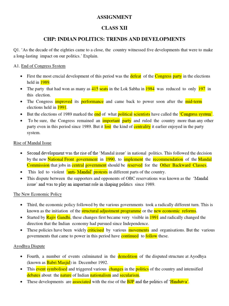 CHP 9 - B2 INDIAN POLITICS TRENDS | PDF | Bharatiya Janata Party ...