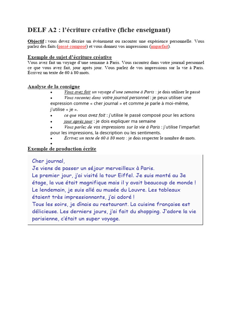 DELF A2 Ecriture Créative FICHE ENSEIGNANT | PDF