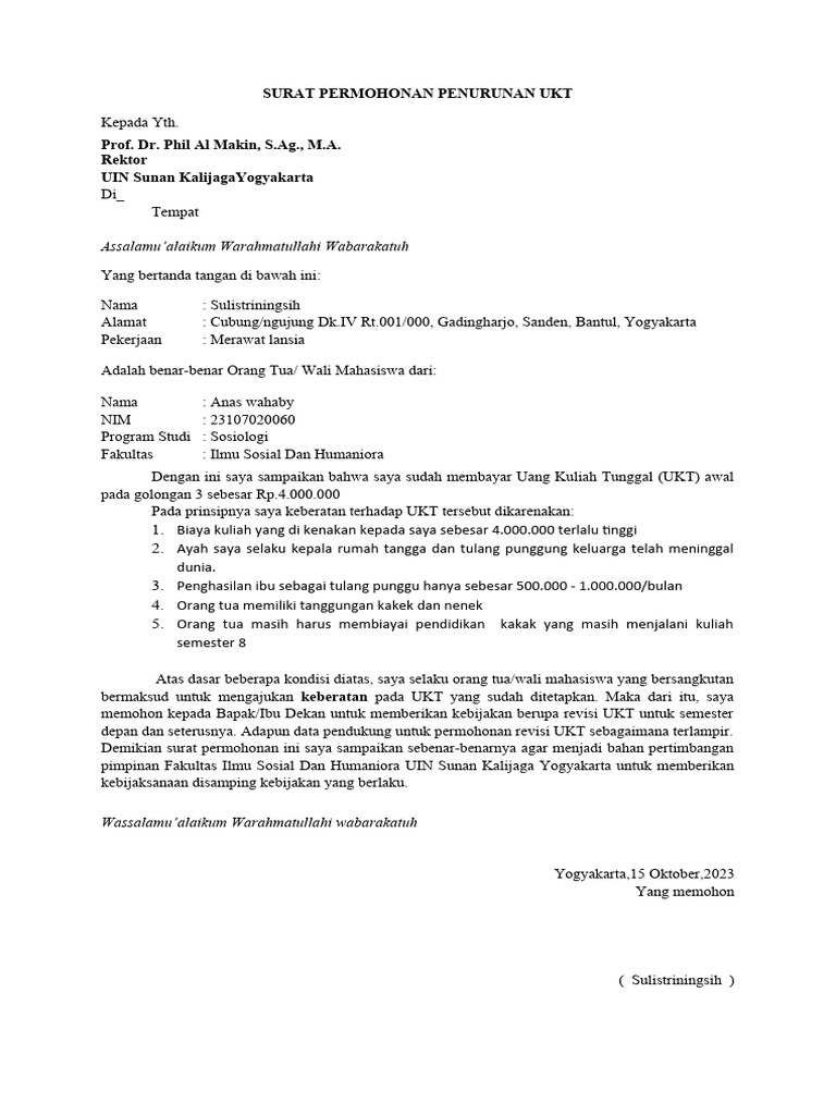 Surat Permohonan Dan Pernyataan Ortu Untuk Banding UKT | PDF