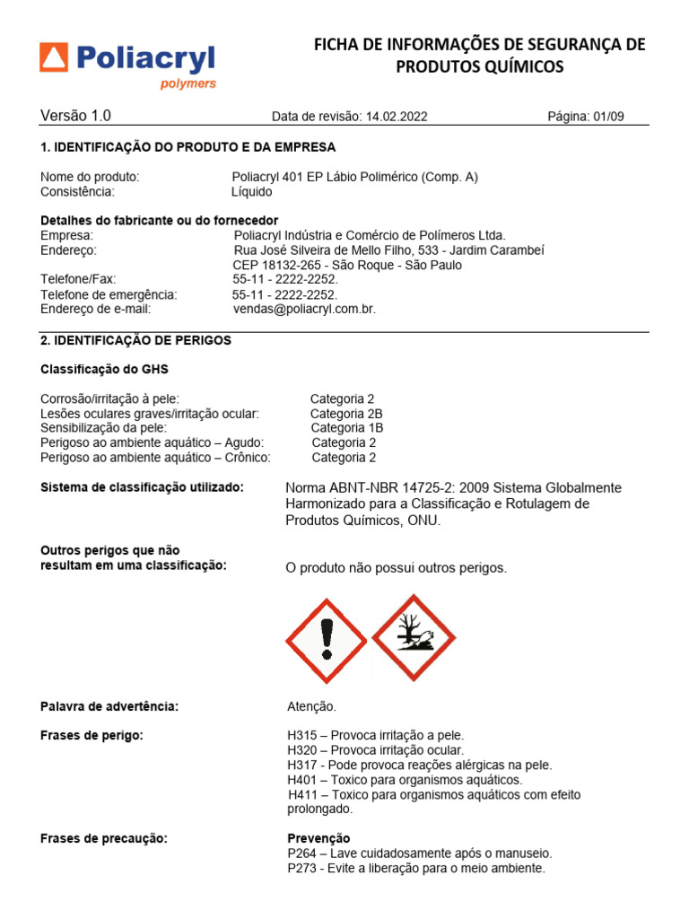 Poliacryl 401 EP Lábio Polimérico (Comp. A) - MSDS | PDF | Desperdício ...