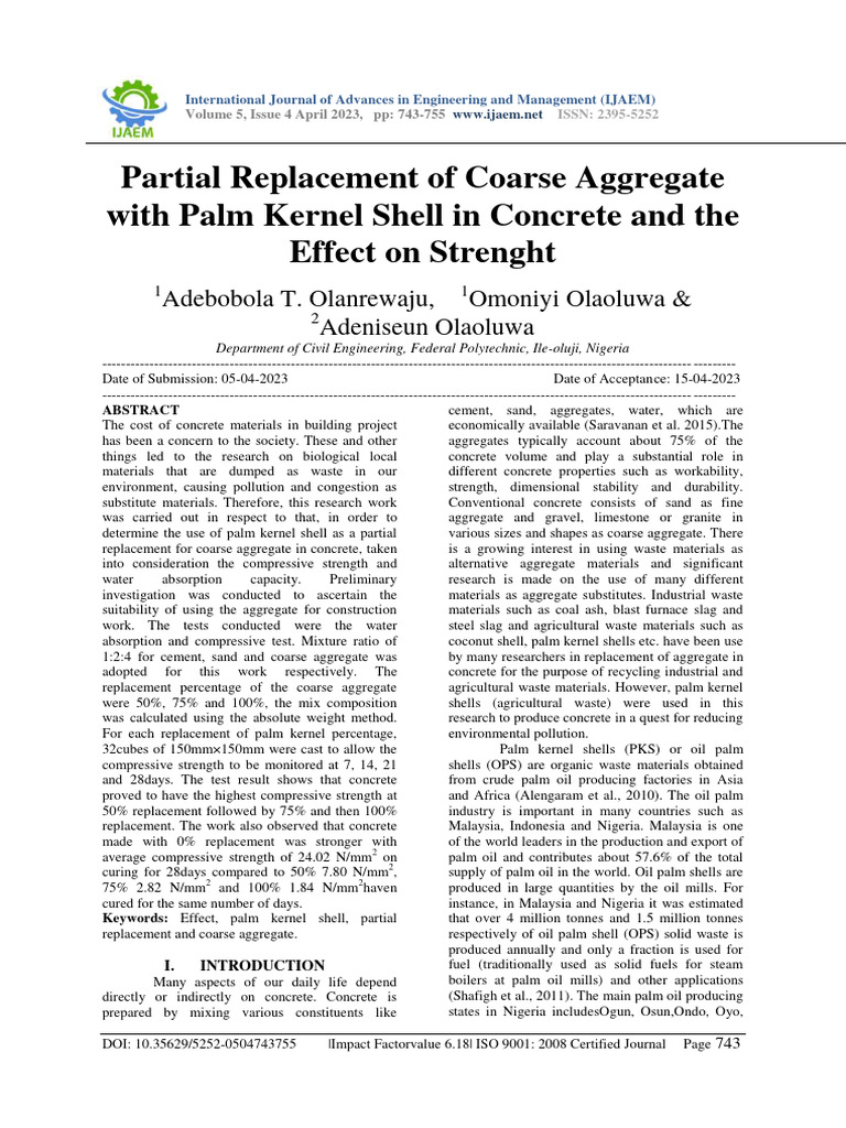 Palm Kernel Shells in Concrete | PDF | Concrete | Cement