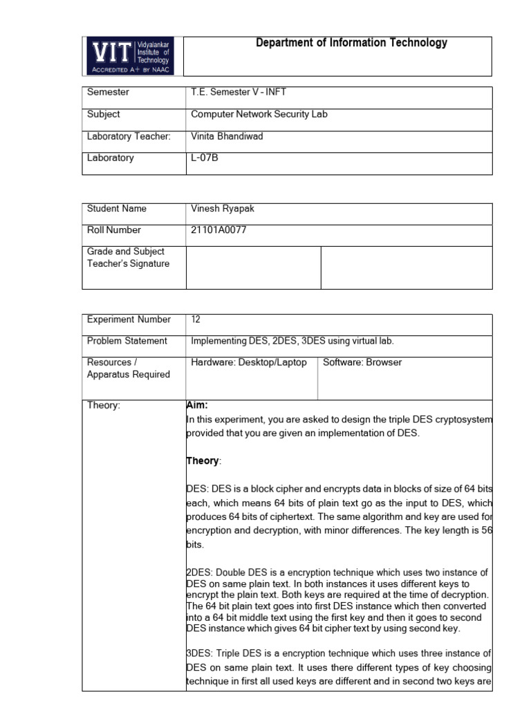 Cns 12 Exp Vinesh | PDF | Encryption | Key (Cryptography)