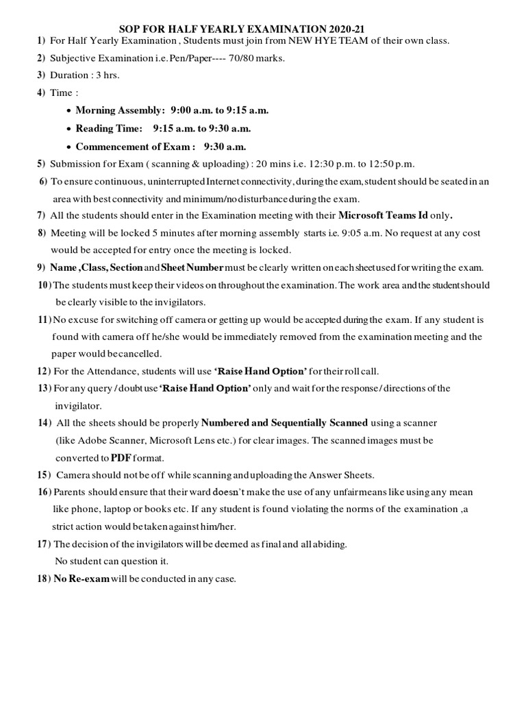 Final Sop For Half Yearly Examination | PDF