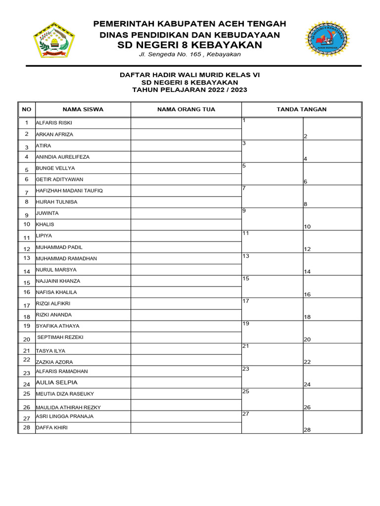 Daftar Hadir Wali Murid Kelas Vi | PDF