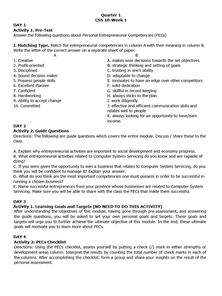Quarter 1 WEEK 1 CSS 10 | PDF | Entrepreneurship | Cognitive Psychology