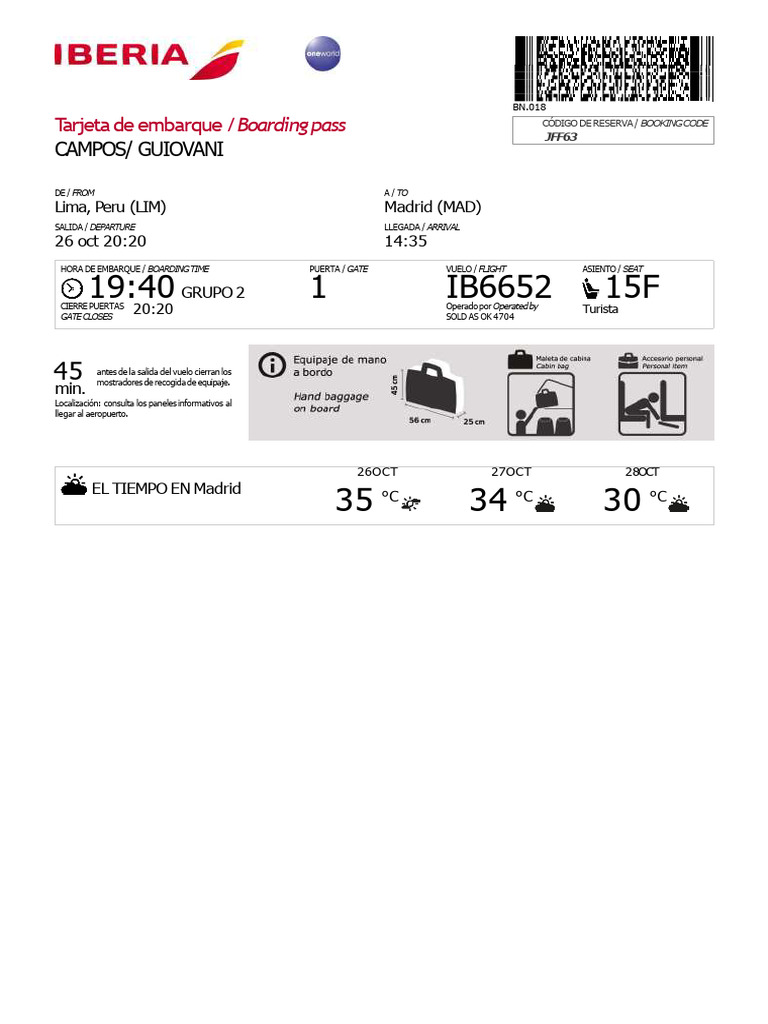 Iberia Tarjeta Embarque Vuelo GUIOVANI | PDF