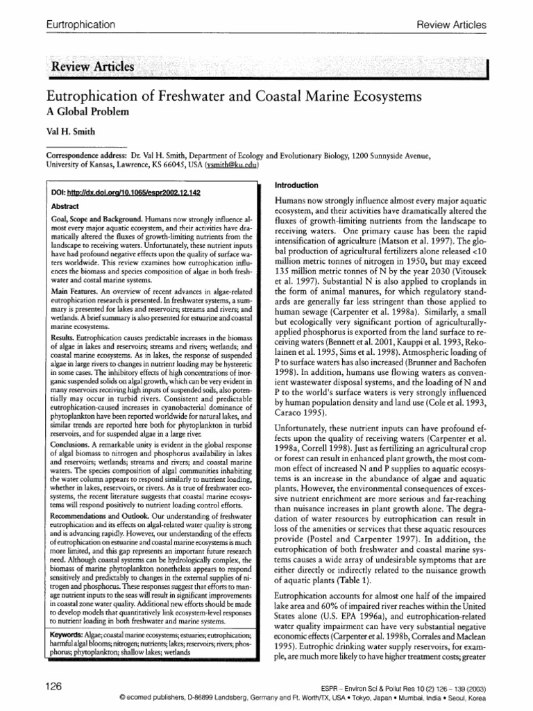 Eutrophication of Freshwater and Coastal Marine Ecosystems A Global ...